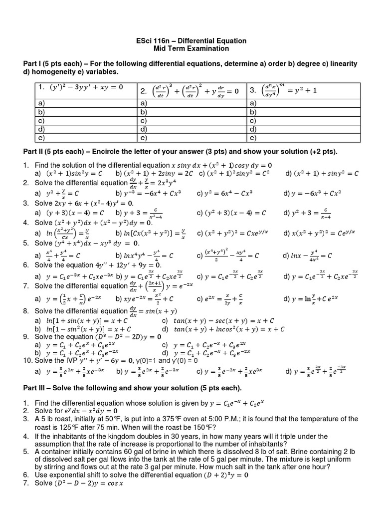 ESci 11 - Mid Term Exam A | PDF | Equations | Differential Equations