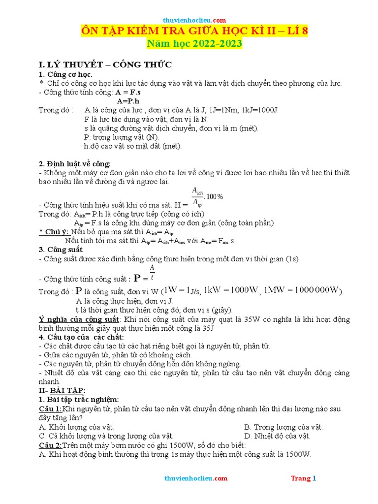 De Cuong On Tap Ly 8 Giua HK2 | PDF
