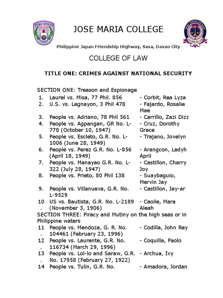 Jose Maria College Law Cases on Treason | PDF | Treason | Plea