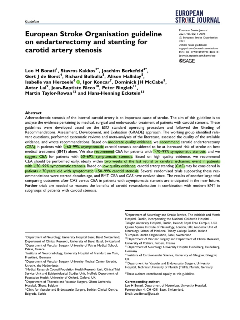 European Stroke Organisation Guideline On Endarterectomy and Stenting ...