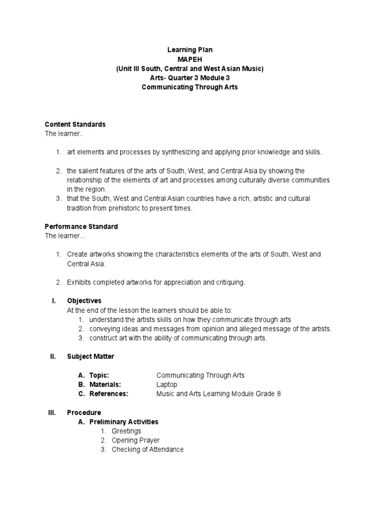 Learning Plan - Arts G8 Third Quarter Module 3 PDF | PDF