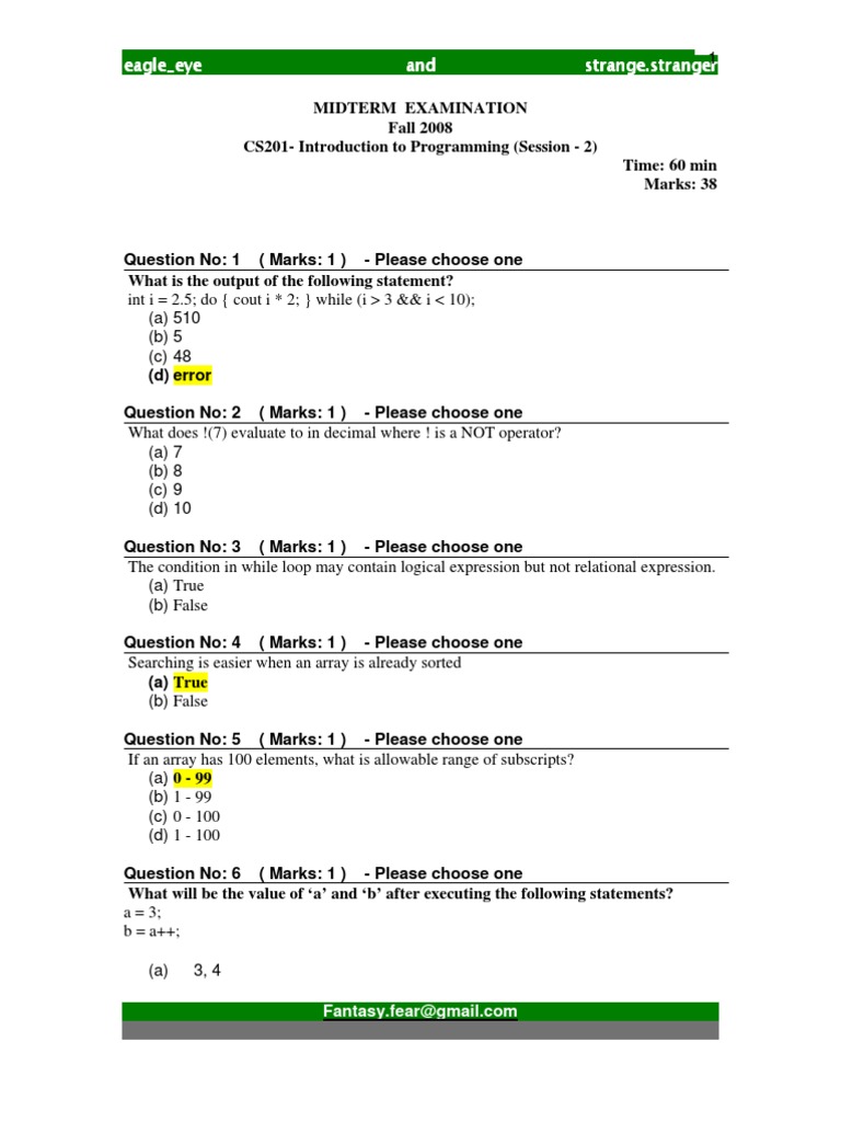 Cs201 All Term Paperz In 1 File Pages 1 To 63 Eagle Eye Pdf C Programming Language 