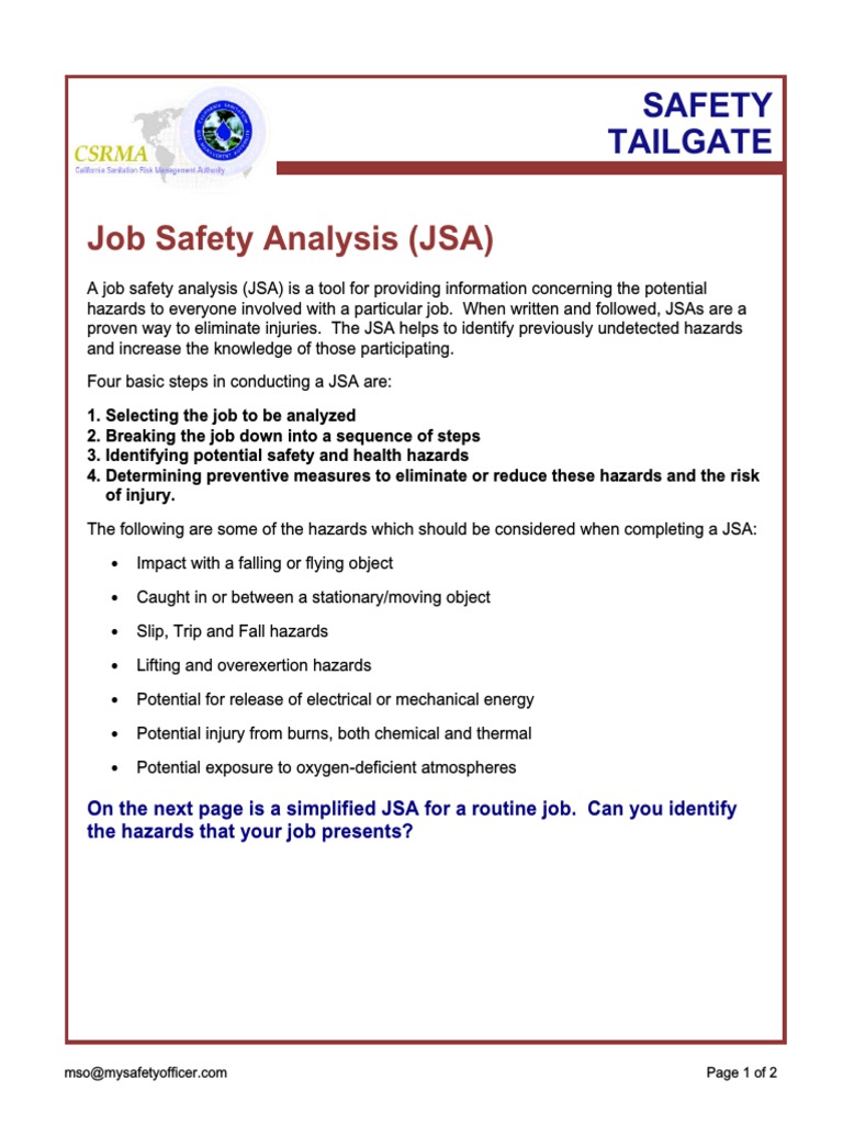 SAFETY TAILGATE Job Safety Analysis (JSA) - Risk Control Online PDF ...