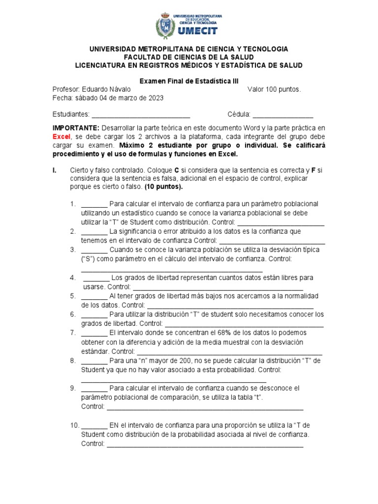 Examen Final de Estadistica III | Descargar gratis PDF | Intervalo de confianza | Desviación ...