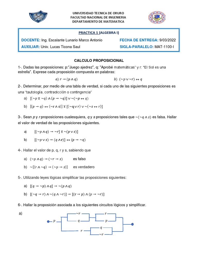 Practica 1 Mat-1100-I PDF | PDF | Proposición | Metalogica