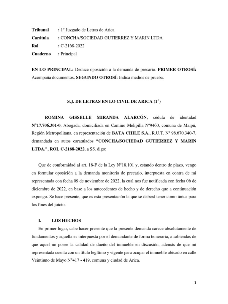 Modelo Oposicion Al Monitorio Precario | PDF | Derecho privado ...