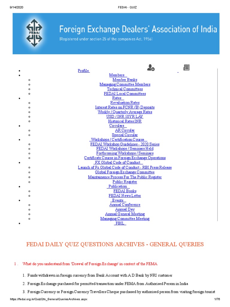 FEDAI - QUIZ General Query | PDF | Reserve Bank Of India | Foreign ...