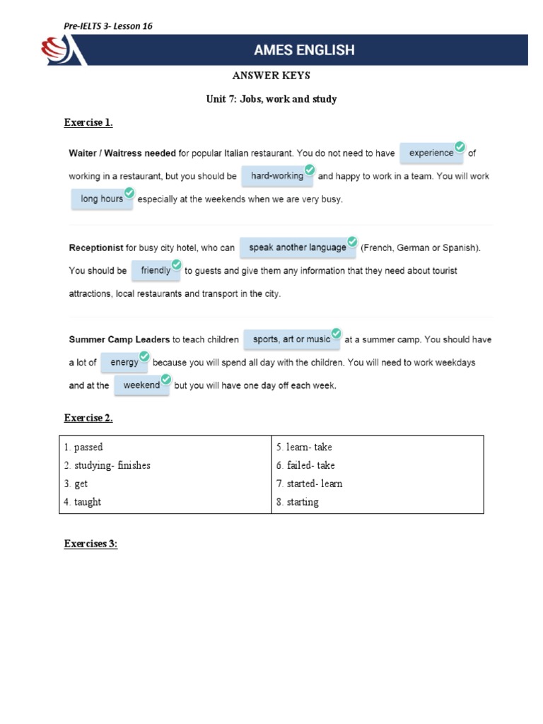 Unit 7: Jobs, Work, and Study Exercises | PDF | Teaching Methods ...