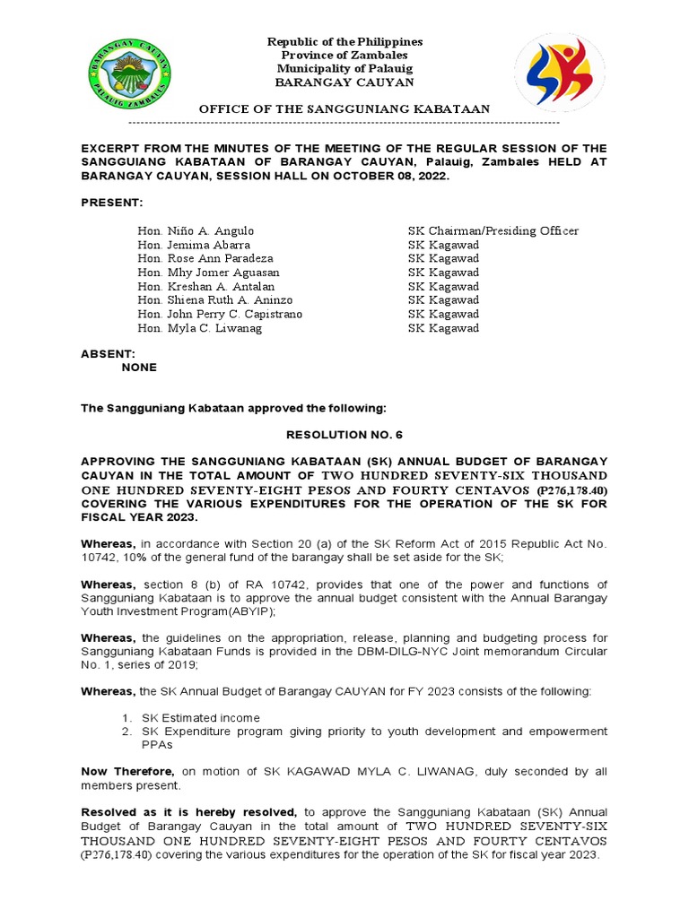 Resolution Approving SK Budget | PDF | Philippines | Government