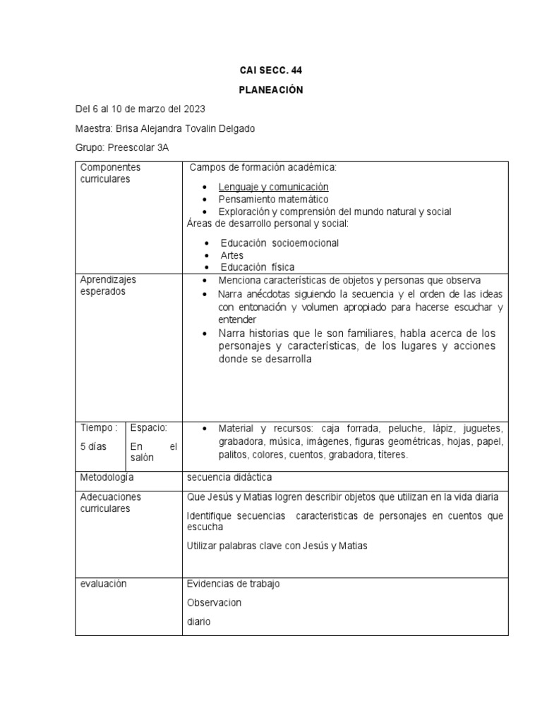 Planeación Narra Cuentos Y Secuencia Pdf Educación De La Primera