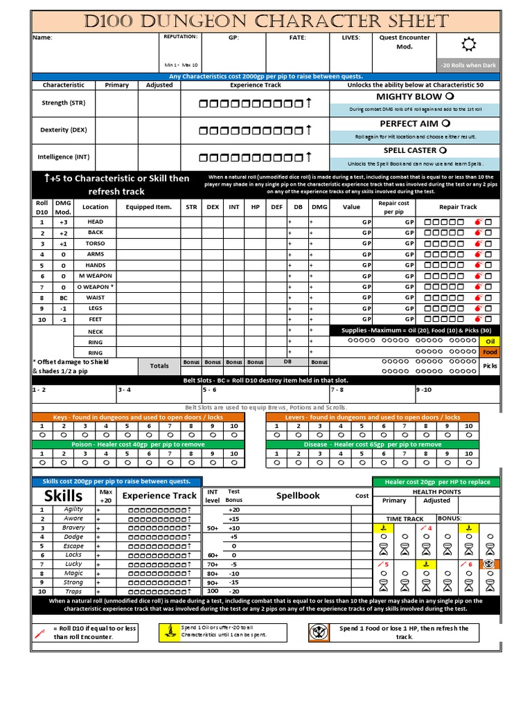D100 Dungeon Character Sheet Template | PDF | Gaming | Role Playing Games