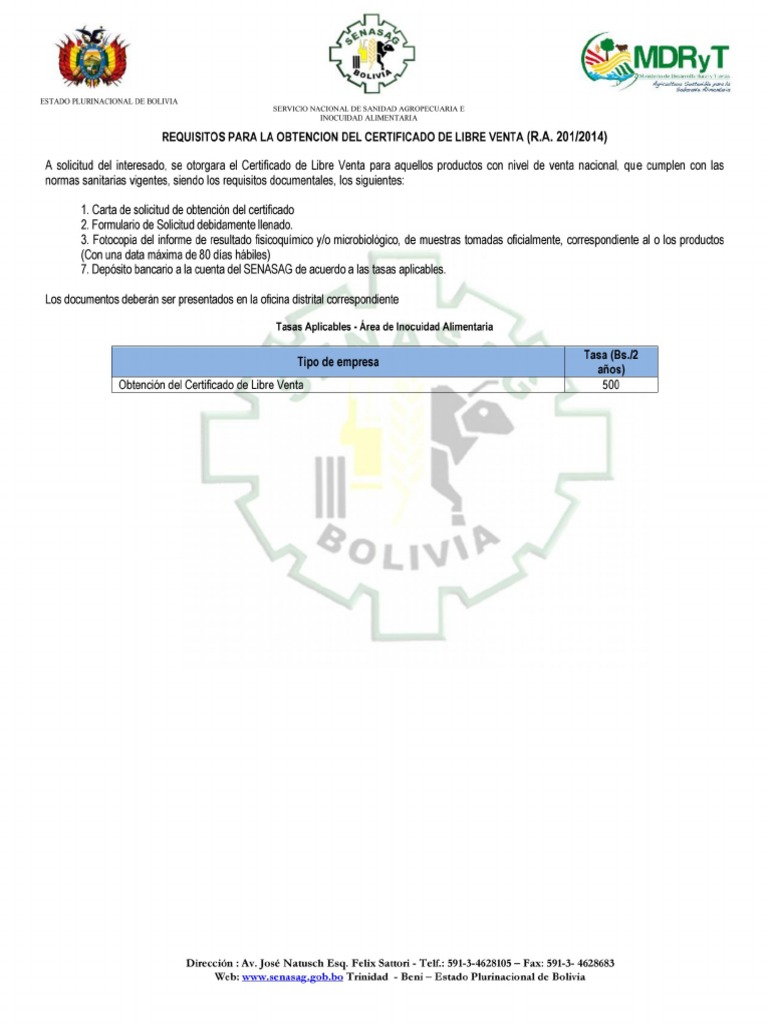 Senasag-Requisitos para Certificado de Libre Venta | PDF