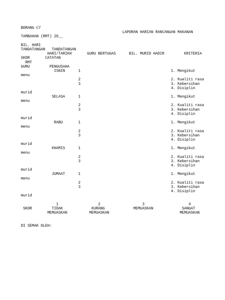 7 Borang c7 Laporan Harian RMT | PDF
