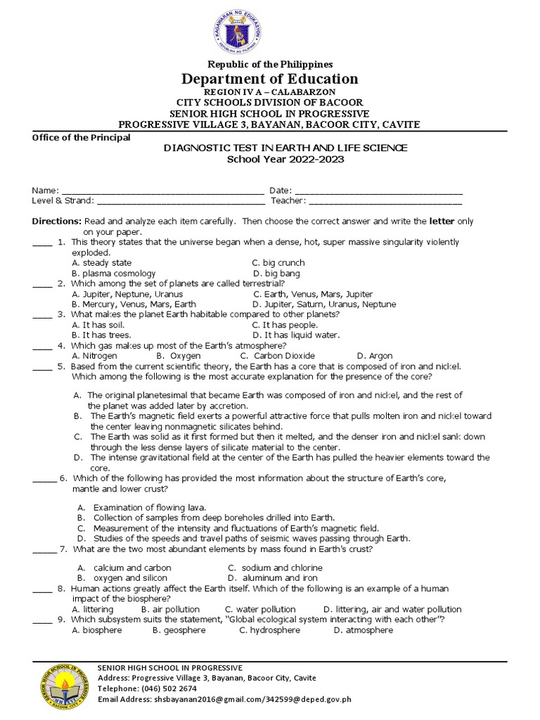 Diagnostic Test in Earth and Life Science-Sy 2022-2023 | PDF | Rock ...