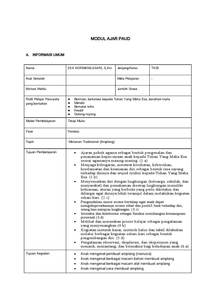 Modul Ajar Paud Diklat Penyusunan Rencana Pembelajaran | PDF