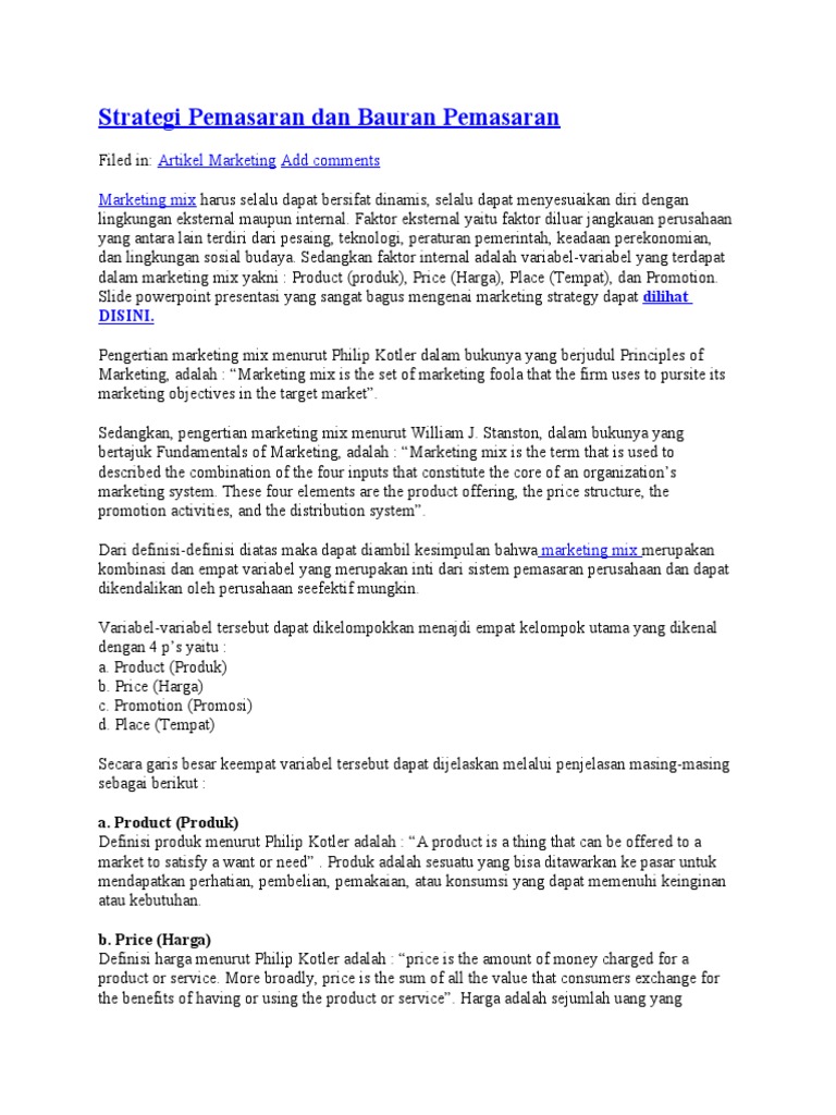 Strategi Pemasaran Dan Bauran Pemasaran | PDF