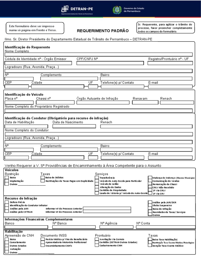 Formulário padrão de requerimento para serviços do DETRAN-PE | PDF ...