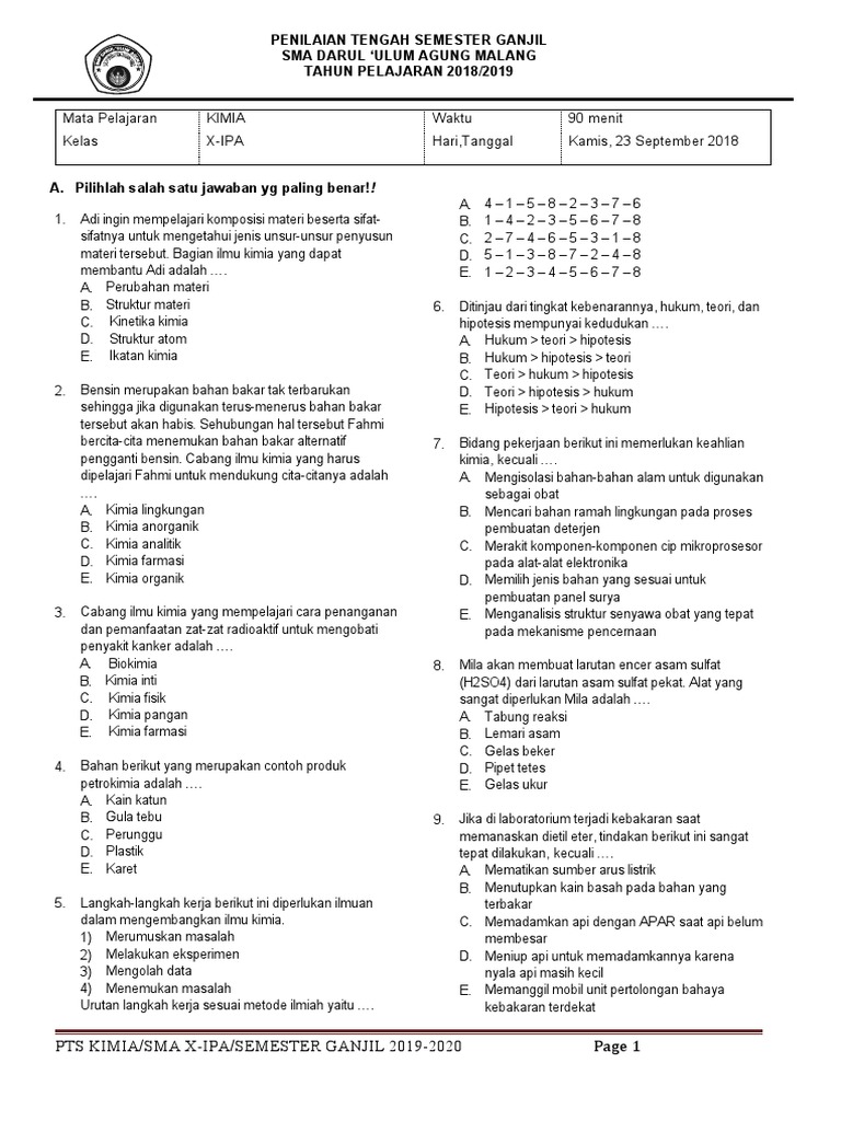 Pts Kimia Kelas X-Ipa Ganjil 2019-2020 | PDF
