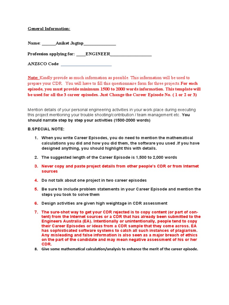 Questionaire Sample Answer Two | PDF