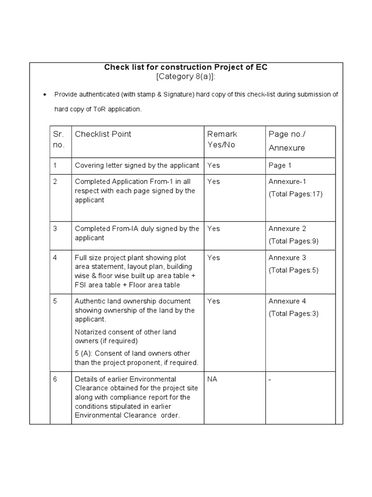 Check List For Construction Project of EC (Category 8 (A) ) | PDF ...