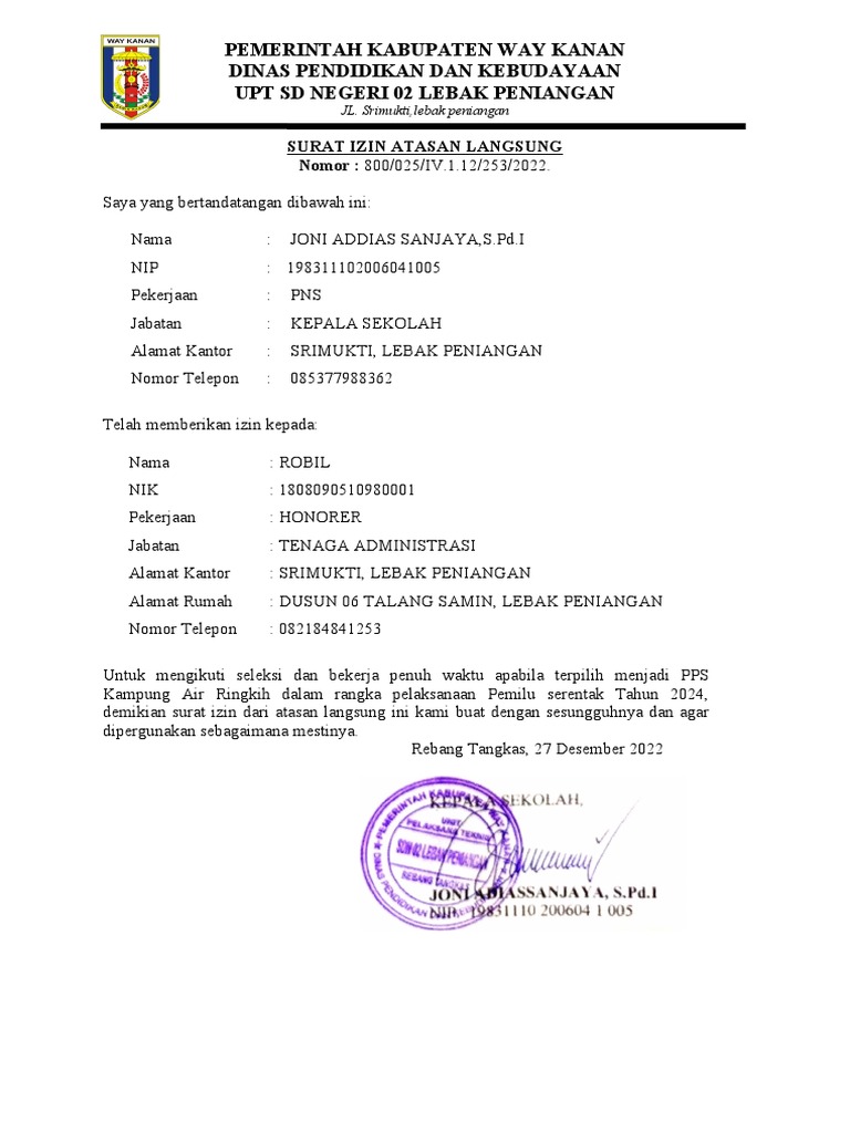 Contoh Surat Izin Atasan Langsung Bagi PNS 1 | PDF Contoh Surat Izin Atasan Langsung Bagi PNS 1 | PDF