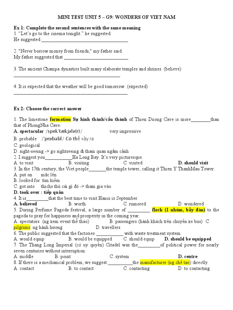 Unit 5 Mini Test: Wonders of Vietnam | PDF | Vietnam