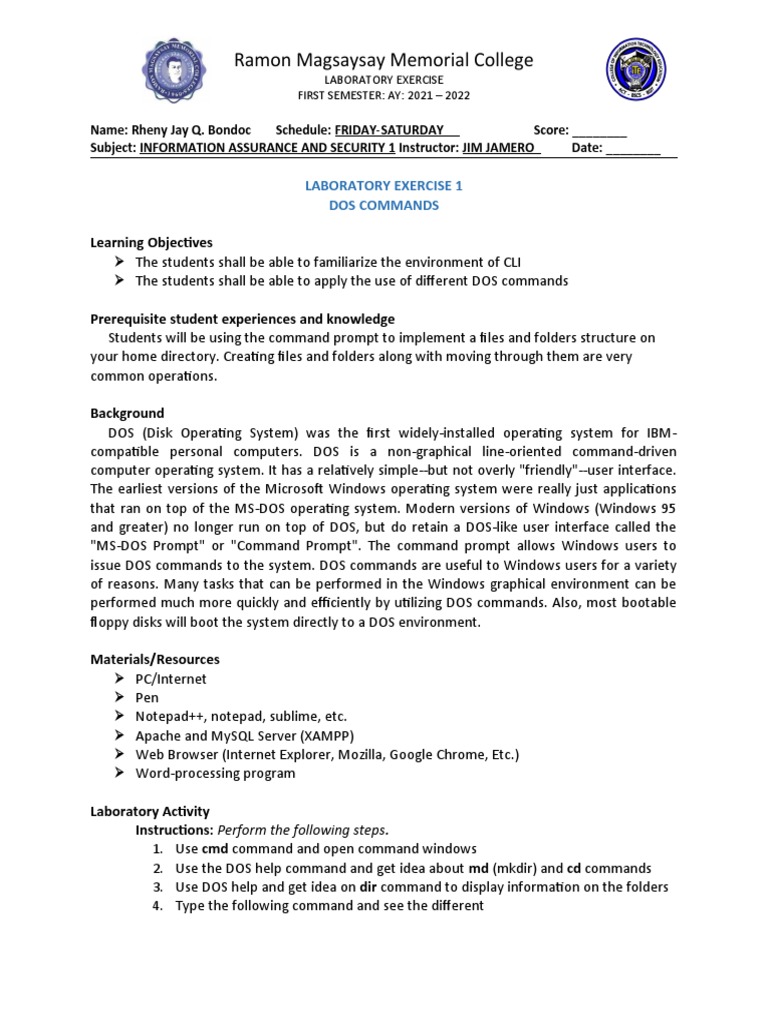 Laboratory Exercise 1 Dos Commands Bondoc | PDF | Command Line Interface | Dos
