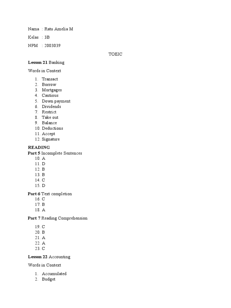 2003039-Ratu Amelia-TOEIC LESSON 21-30 | PDF | Reading Comprehension ...