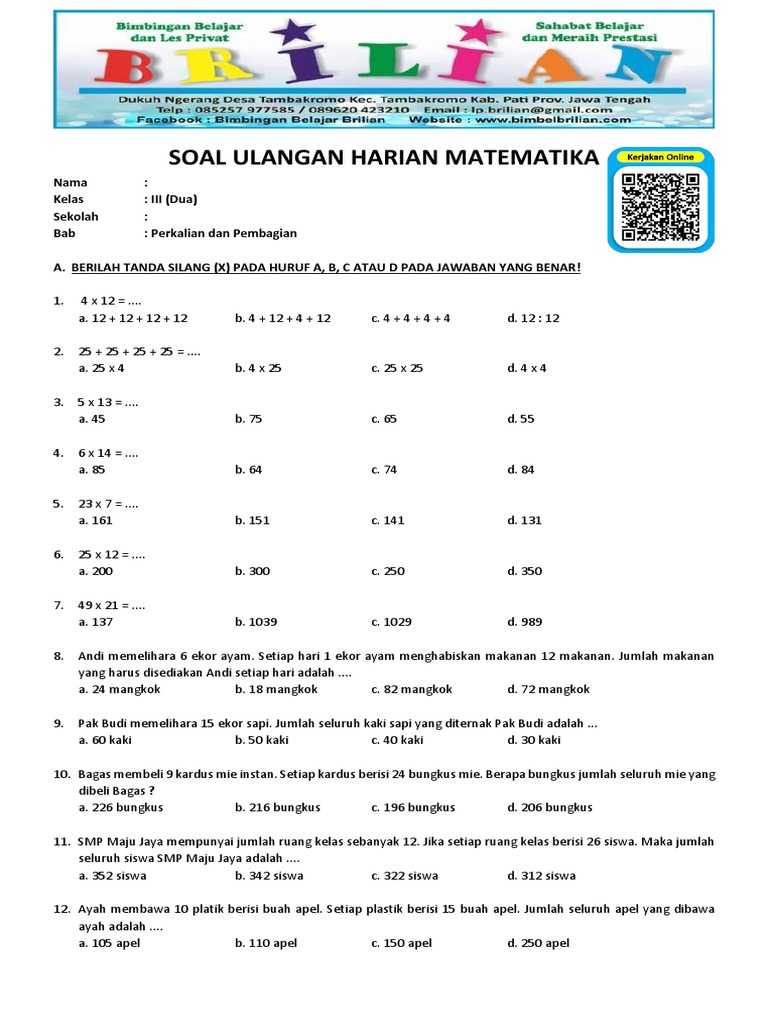Soal Matematika Kelas 3 SD Bab 3 Perkalian Dan Pembagian Dan Kunci ...