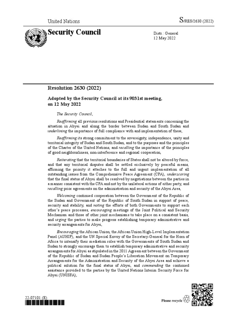 UNSCR 2630 - Mei 2022 UNISFA PDF | PDF | United Nations | International ...