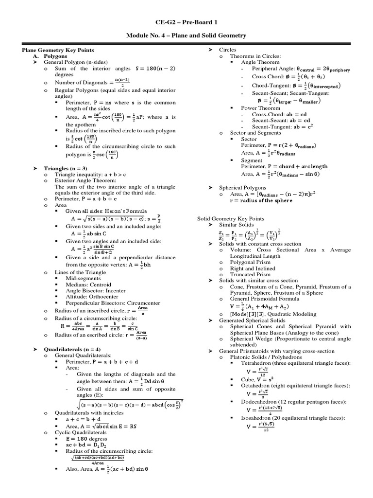 Plane and Solid Geometry Overview | PDF | Area | Circle