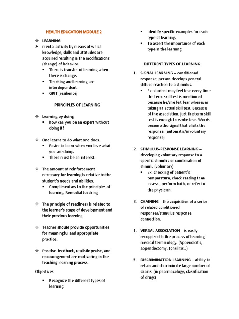 HEALTH EDUCATION - Module 2 Notes | PDF | Learning | Learning Styles