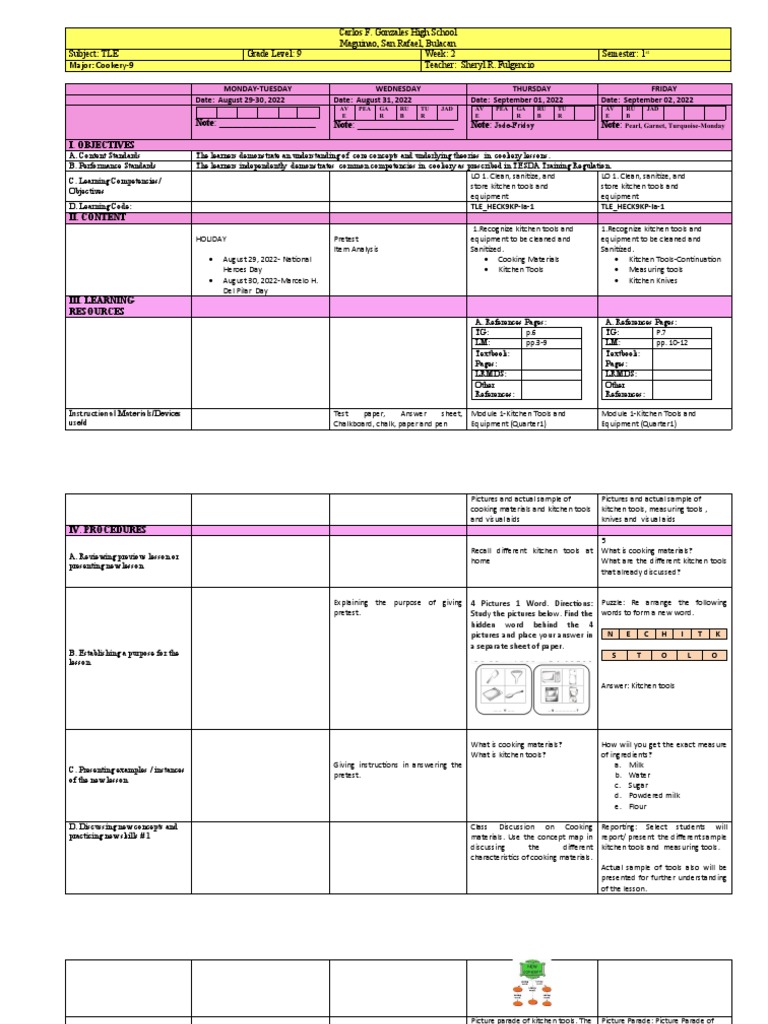 DLL - Q1 - WK1 - Kitchen Tools and Equipment | PDF | Kitchen Utensil | Cooking