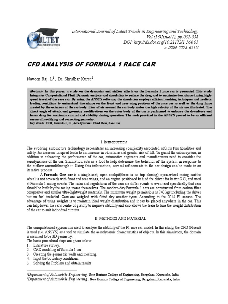 CFD Analysis of Formula 1 Race Car | PDF | Lift (Force) | Aerodynamics