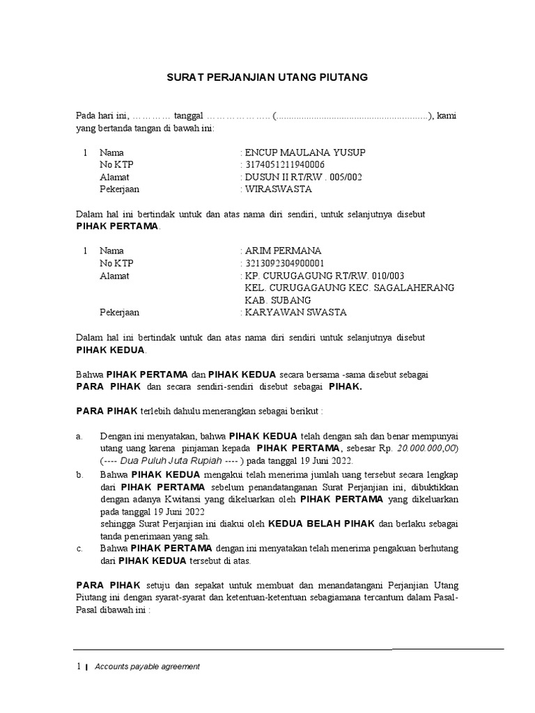 Contoh Surat Perjanjian Utang Piutang | PDF