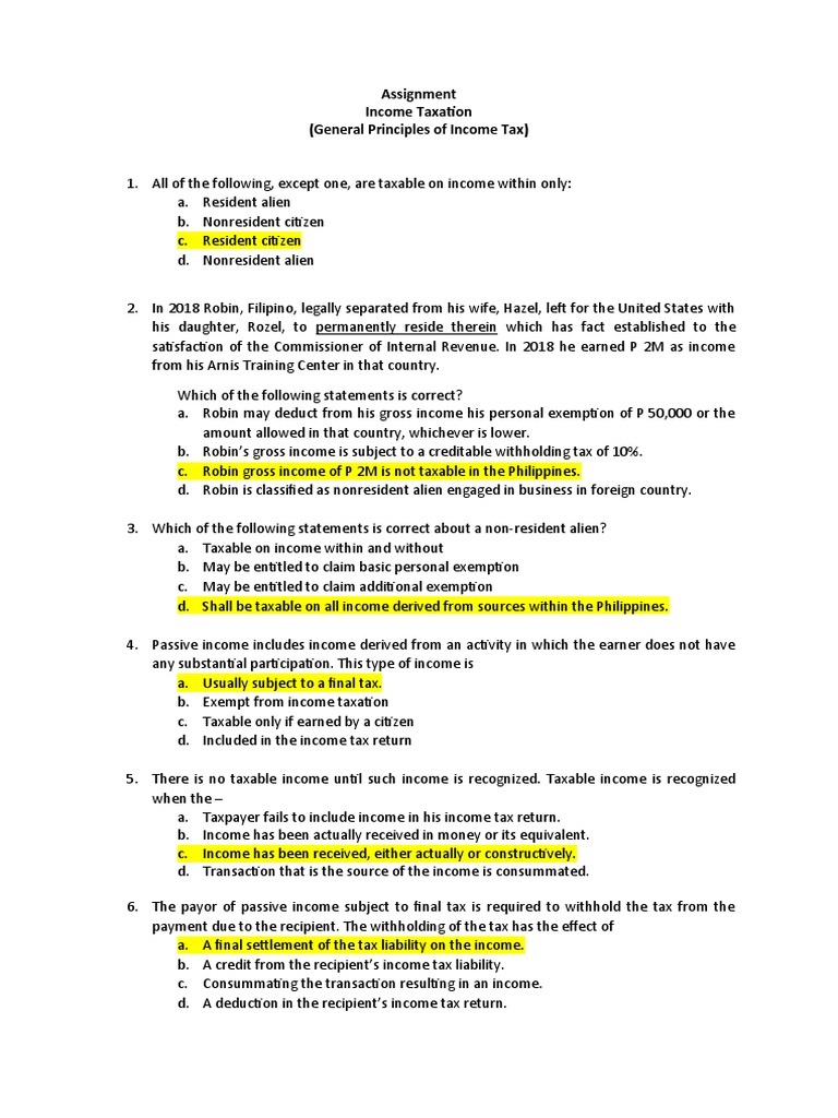 3.4.1 Answer Key - Assignment - General Principles of Income Tax | PDF | Income Tax | Gross Income