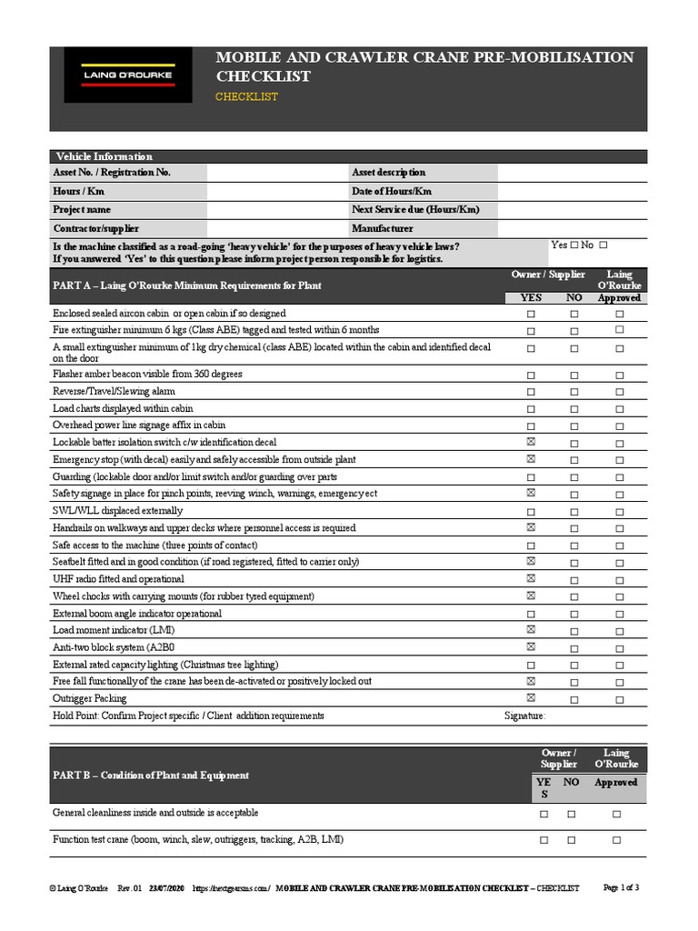 Mobile and Crawler Crane Pre Mobilisation Checklist | PDF | Crane ...