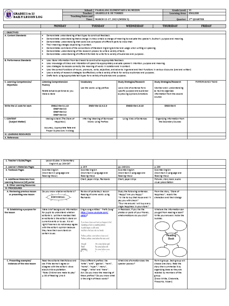 DLL - English 6 - Q3 - W5 | PDF | Cognition | Human Communication