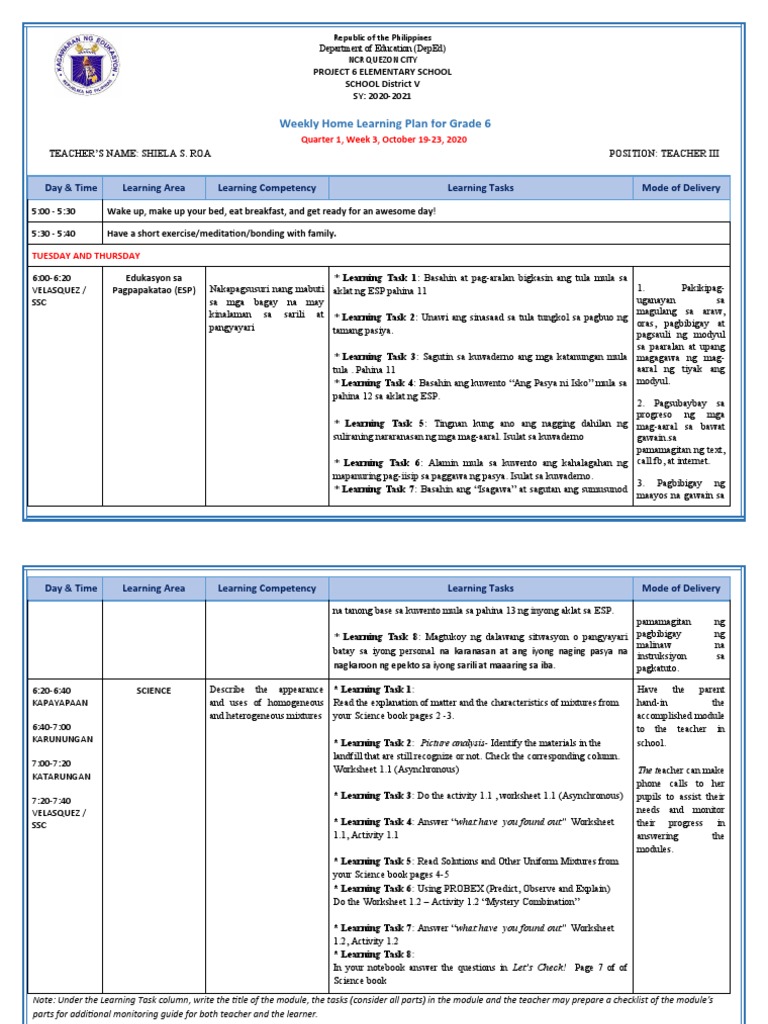 Roa - Whlp-Grade-6-Q1-W3-Science & Esp | PDF