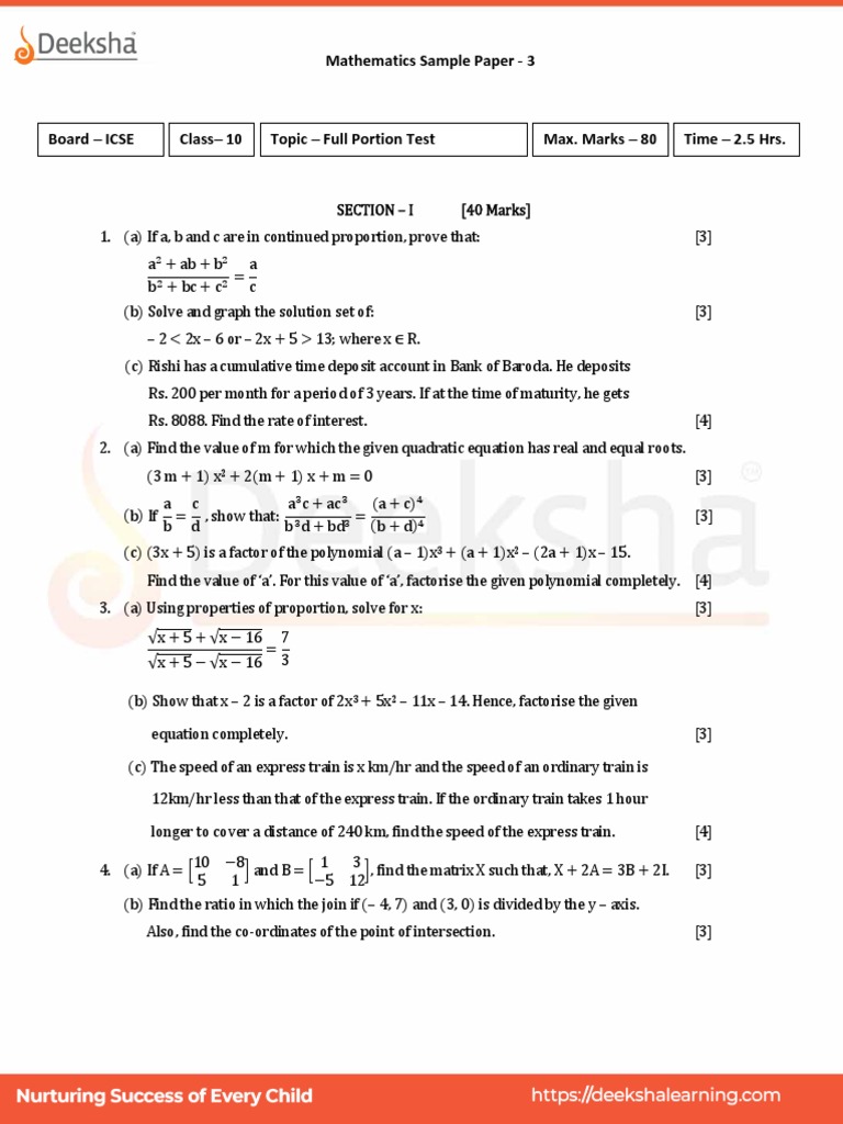 ICSE Class 10 Maths Sample Paper 3 20200 | PDF | Circle | Trigonometric ...