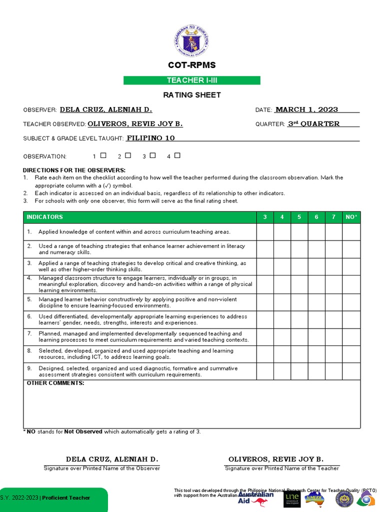 Appendix C 02 COT RPMS Rating Sheet For T I III For SY 2022 2023 | PDF | Learning | Curriculum