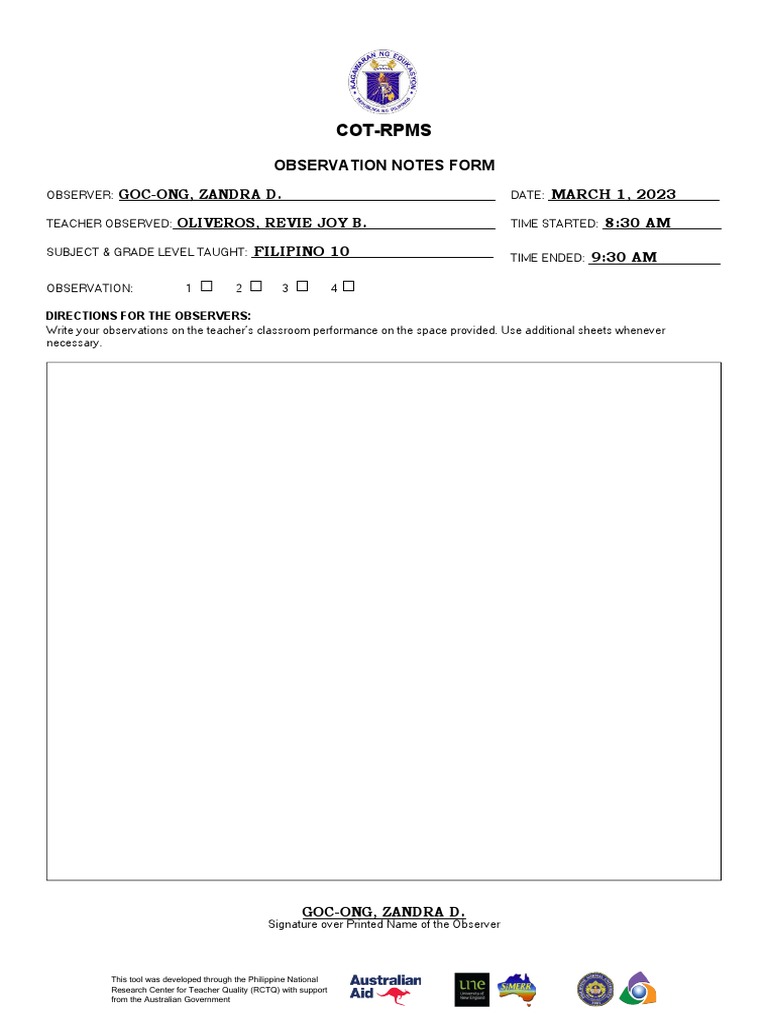 Appendix C 08 COT RPMS Observation Notes Form | PDF Appendix C 08 COT RPMS Observation Notes Form | PDF