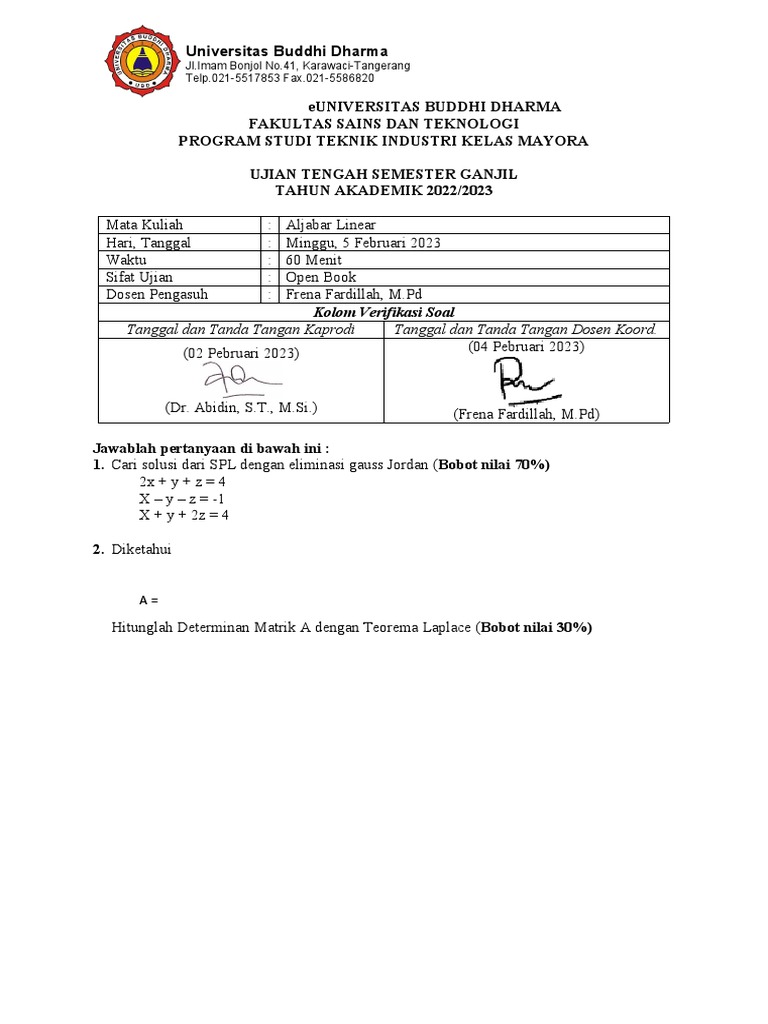 Template Soal Ujian Kelas Mayora Aljabar Linear | PDF