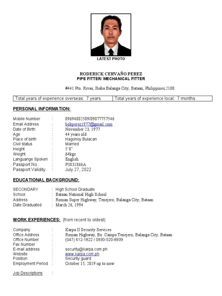 CV Format 2022 NEW Rodreick Perez | PDF | Pipe (Fluid Conveyance) | Valve