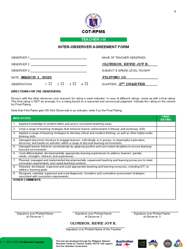 Appendix C 09 COT RPMS Inter Observer Agreement Form For T I III For SY 2022 2023 | PDF ...