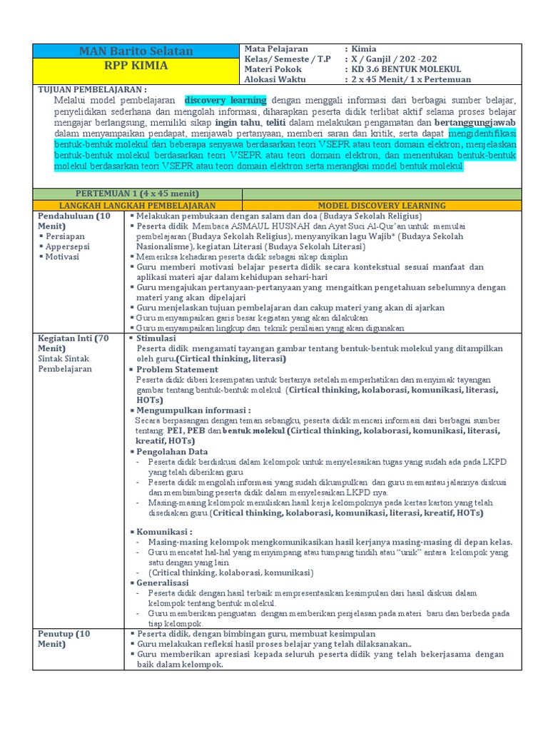 RPP Kelas X - KD 3.6 Bentuk Molekul (AutoRecovered) | PDF | Karier ...
