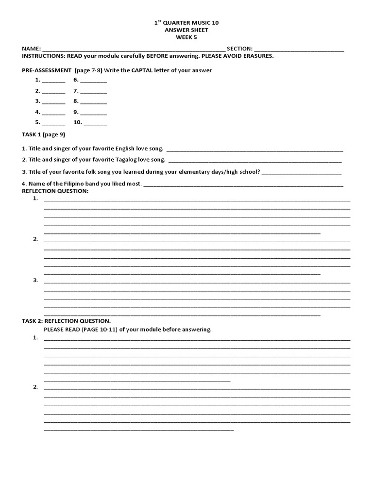 1ST QTR WK 5 MUSIC 10 Answer Sheet | PDF | Performing Arts