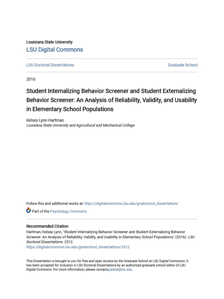 Student Internalizing Behavior Screener and Student Externalizing | PDF ...