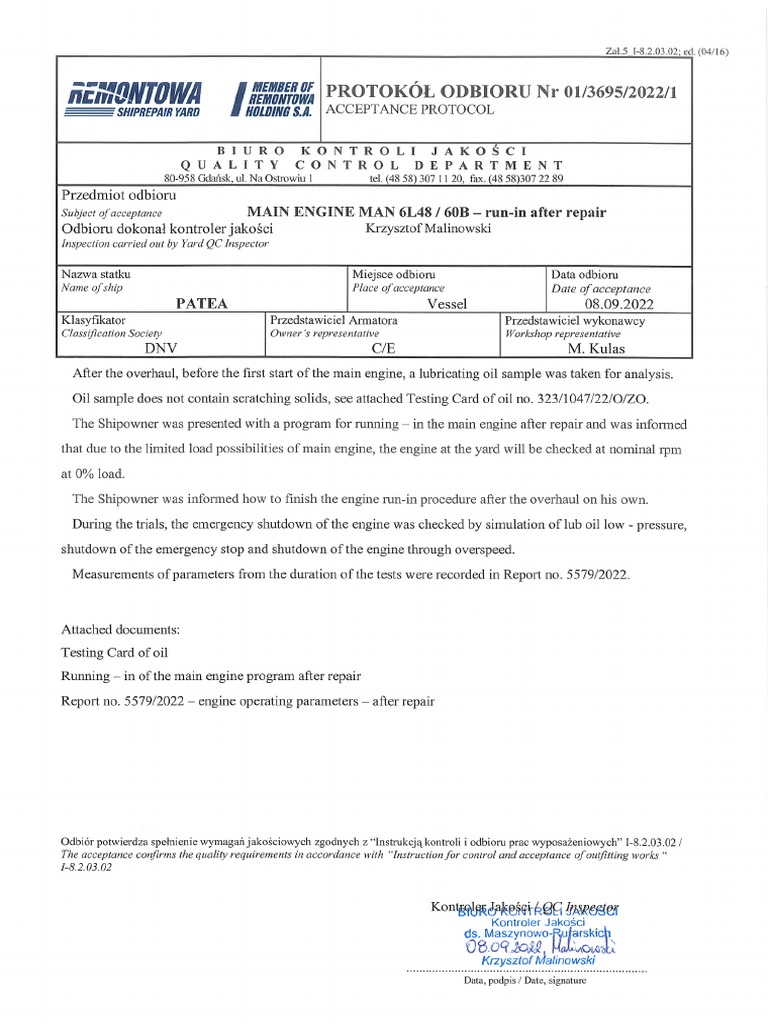 MAIN ENGINE MAN 6L48 - 60B - Run-In After Repair | PDF