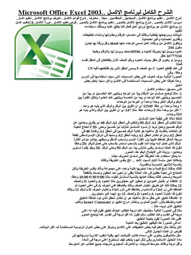 الشرح الكامل لبرنامج الإكسل ..Microsoft Office Excel 2003 | PDF
